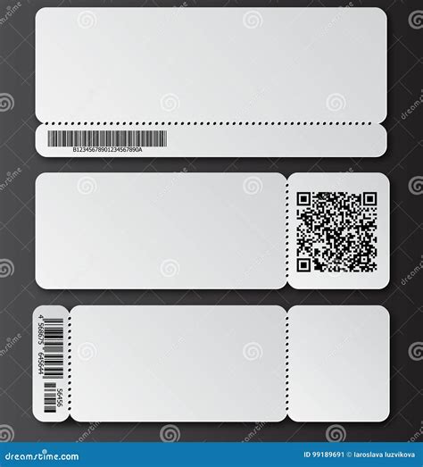 White Ticket Template With Tear Off Element Barcode And Qr Code