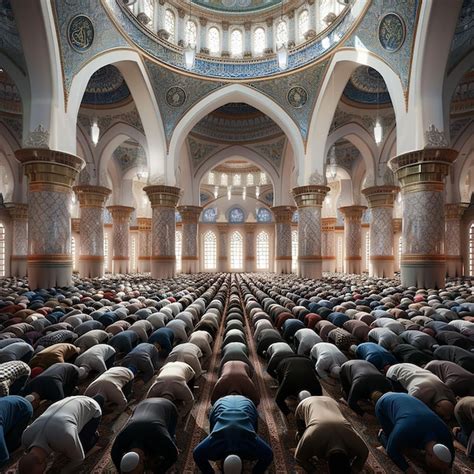 Eid Prayers Worshippers Kneeling In Rows Within A Grand Setting Premium Ai Generated Image