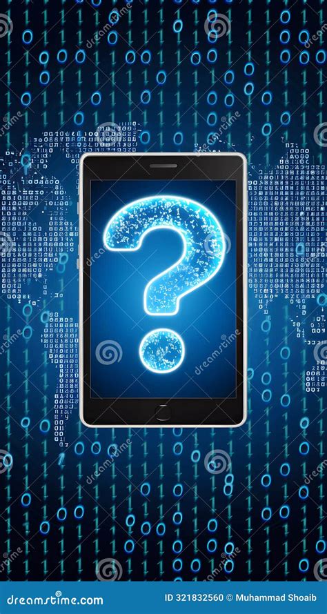 Digital Device With Glowing Question Mark On Screen Surrounded By Binary Numbers Stock