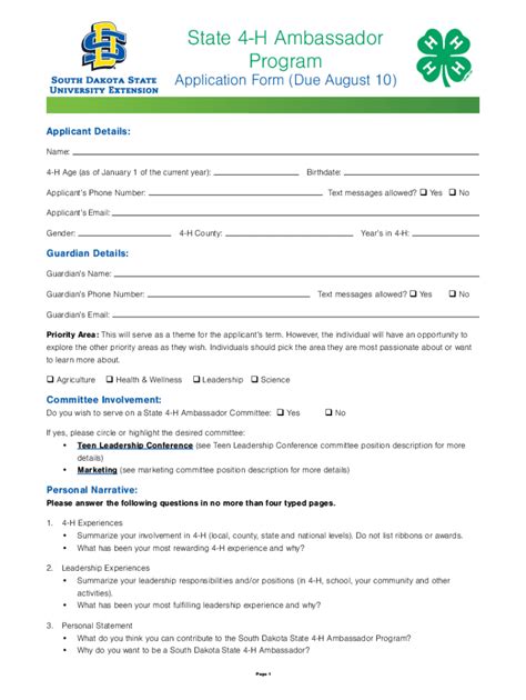 Fillable Online State 4 H Amabassador Program Aplication Form Fax Email