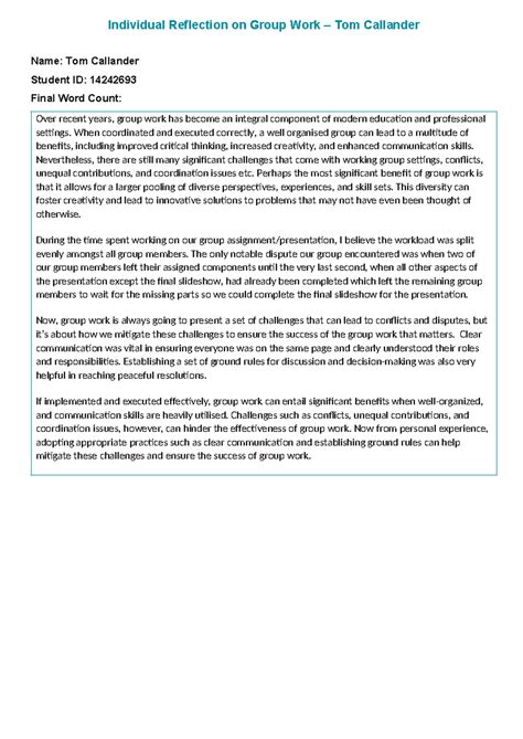 Individual Reflection On Group Work When Coordinated And Executed