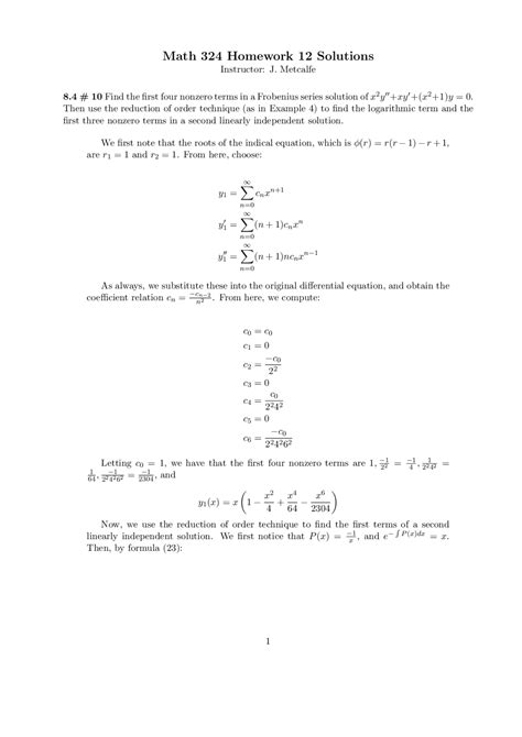 Homework 12 With Solution Elementary Differential Equations Math 524 Docsity