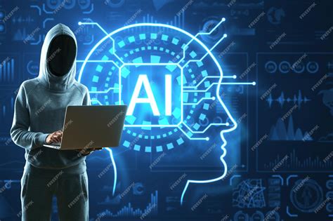 Premium Photo Hacker With Laptop And Creative Glowing Digital Brain Hologram On Blurry