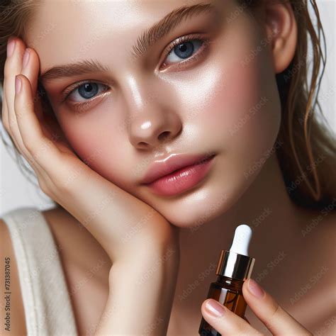 Beautiful Young Girl With Natural Nude Make Up With Cosmetic In Hands