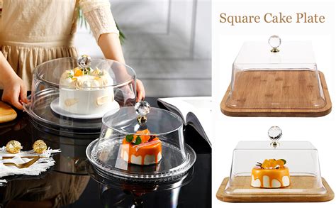 Wensmy Wood Cake Stand With Dome Dessert Display Square Cake Serving