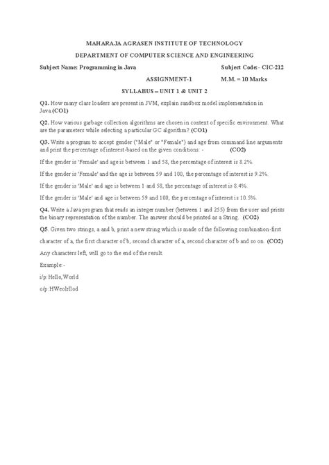 Assignment 1 Java Maharaja Agrasen Institute Of Technology Department