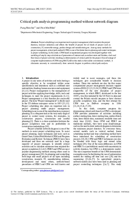 Pdf Critical Path Analysis Programming Method Without Network Diagram