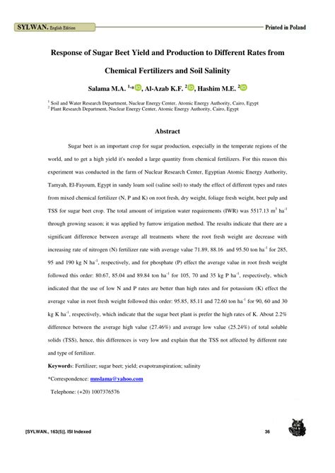 Pdf Response Of Sugar Beet Yield And Production To Different Rates From Chemical Fertilizers