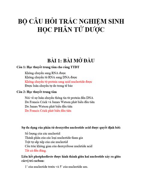 Bo Cau Hoi Trac Nghiem On Tap Mon Sinh Hoc Phan Tu Theo Tung Chuong Cu 4477 | PDF