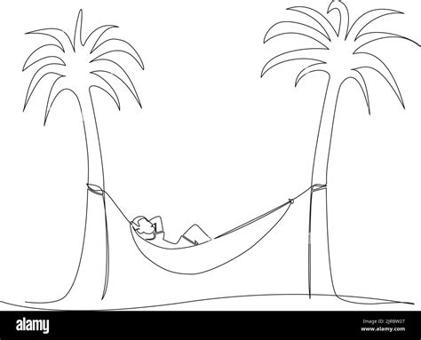 Continuous Single Line Drawing Of Person Relaxing In Hammock Between