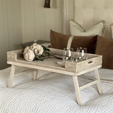 Rattan Breakfast Tray With Wooden Legs Whitewashed Finish Cowshed