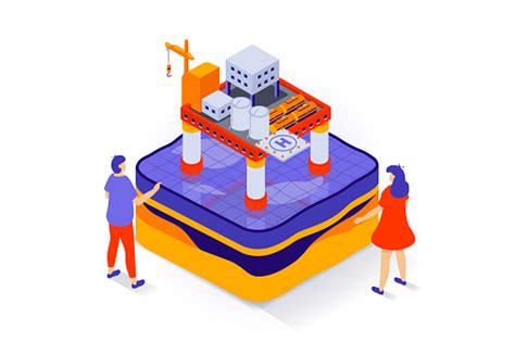 3d 아이소메트릭 디자인의 석유 산업 개념 사람들은 연료 생산 및 저장을 위한 기계 인프라가 있는 석유 플랫폼에서 일합니다 웹