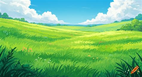 Stylized Anime Landscape Of Green Grassy Hills Under A Blue Sky With