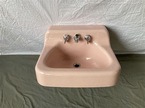 Vintage Mid Century Coral Pink Porcelain Cast Iron Bath Sink Old
