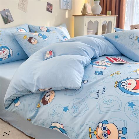 Doraemon Cartoon Quilt Cover Doraemon Blue Fatty Four Sets Washed