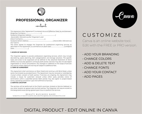 Editable Professional Organizer Contract Template Organizing Service