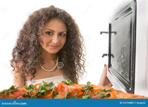 Girl Open A Microwave Stock Image Image Of Greens Hand 31074889
