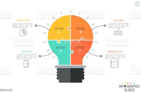 전구 모양의 직소 퍼즐은 4 개로 나뉩니다 최소한의 인포그래픽 디자인 템플릿 아이디어 생성 및 창조적 인 프로세스 개념 전구에 대한 스톡 벡터 아트 및 기타 이미지 Istock