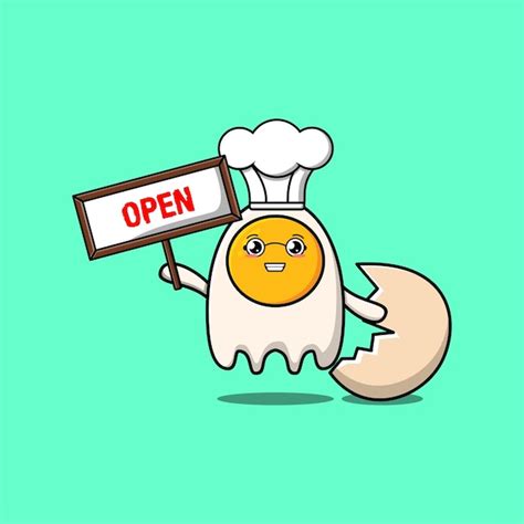 개념 평면 만화 스타일의 오픈 사인 보드 디자인을 들고 귀여운 만화 튀긴 계란 캐릭터 프리미엄 벡터