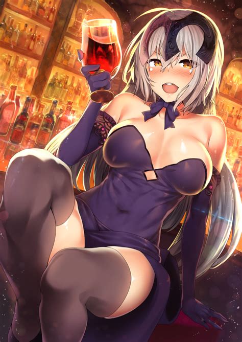 Rule 34 Ahoge Alcohol Bangs Bar Bare Shoulders Black Dress Black Gloves Black Thighhighs Blush
