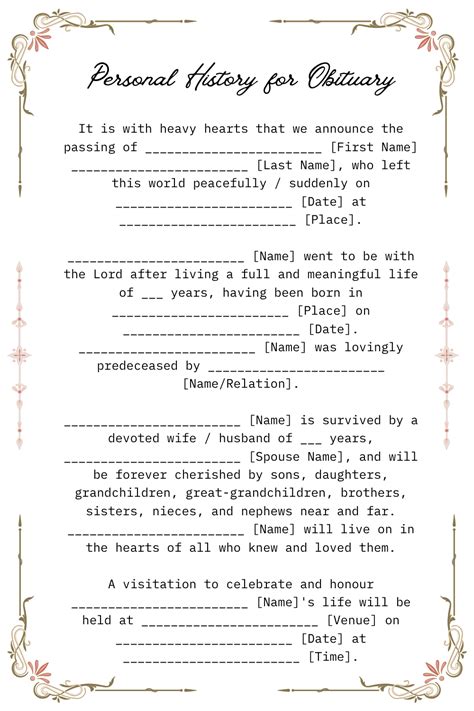 Printable Blank Obituary Templates Pdf Included Printables Hub