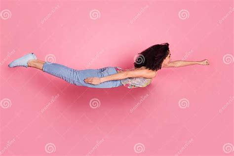 Full Size Photo Of Pretty Young Girl Flying Superman Wear Trendy