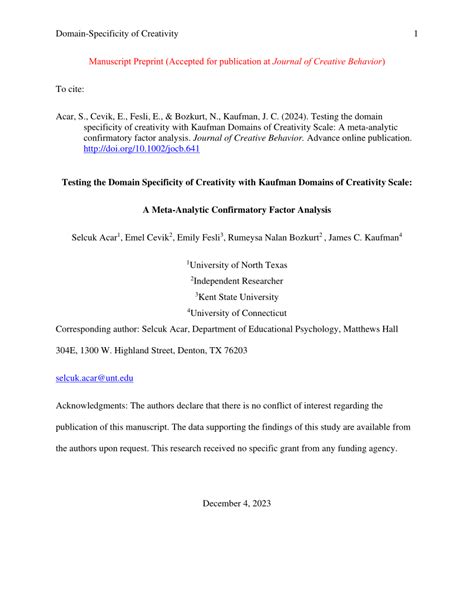 Pdf Testing The Domain Specificity Of Creativity With Kaufman Domains Of Creativity Scale A