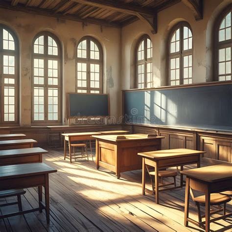Old Fashioned Classroom With Wooden Desks And Arched Windows School