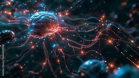 Visualization Of A Digital Brain Interconnected With Data Points And Neural Networks