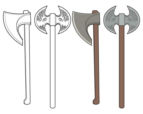 Set Of Fullcolor And Outline Medieval Axe Vector Weapon Vector Hand Drawn Illustration Isolated