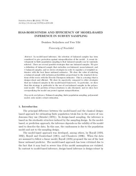 Pdf Bias Robustness And Efficiency Of Model Based Inference In Survey