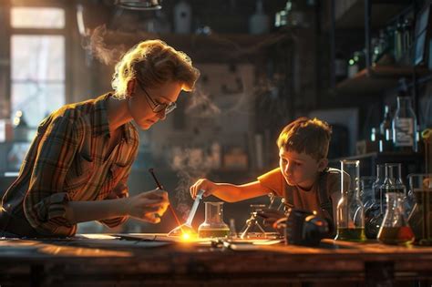 Mother And Son Doing Science Experiments Premium Ai Generated Image
