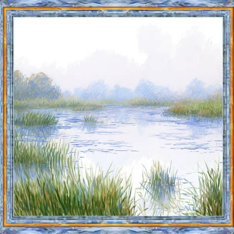 A Painting Of A River With Grass And Trees Stock Illustration