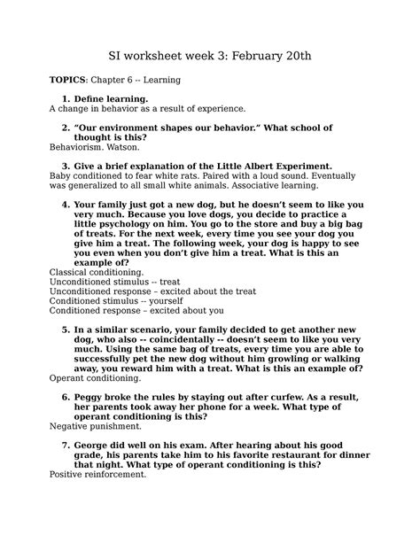 Classical Conditioning Worksheet Pdf Classical Conditioning