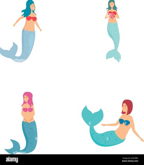 Collection Of Four Mermaid Characters With Different Poses And Tail