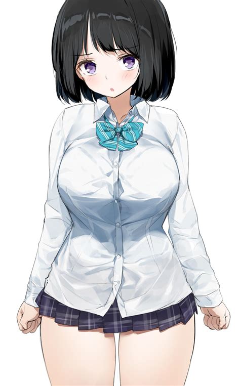 Safebooru 1girl Arms At Sides Black Hair Blush Bob Cut Bow Bowtie