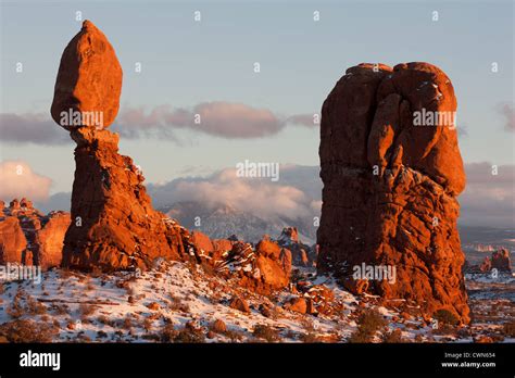 Sunset Glow On Balanced Rock A Red Sandstone Hoodoo In Arches National