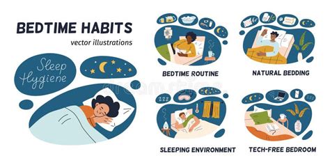 sleep hygiene vector illustration set bedtime habits collection