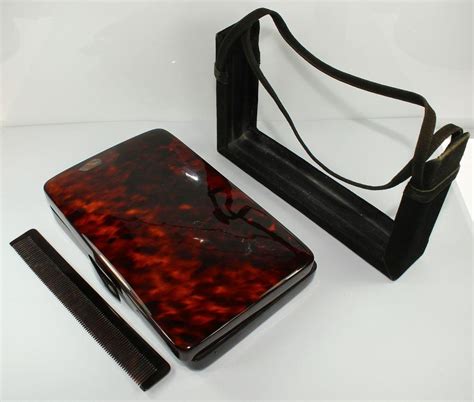 Lot 1940s Vintage Tortoise Shell Makeup Case With Black Suede Carrier