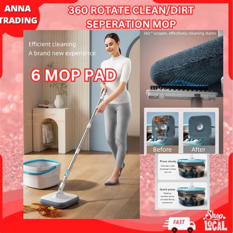360 Spin Mop Set With Clean And Dirty Water Separation Bucket 6 Mop Pad