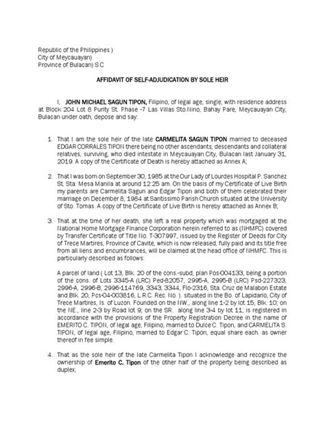 Affidavit Of Sole Heir John Michael Tipon Pdf Affidavit Natural Resources Law