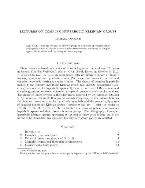 Pdf Lectures On Complex Hyperbolic Kleinian Groups