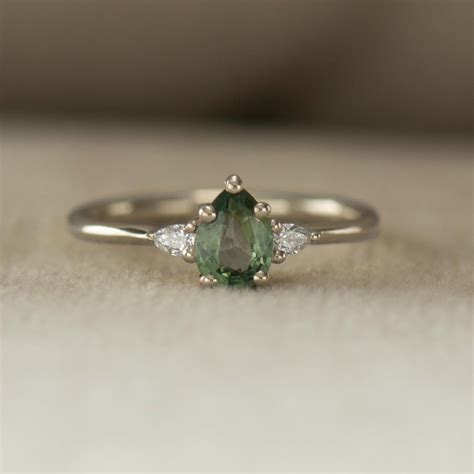 Pear Green Sapphire Ring 14k 18k White Gold Olive Sapphire