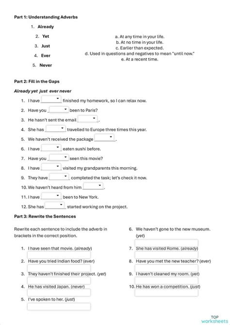 Present Perfect Adverbs Interactive Worksheet Topworksheets
