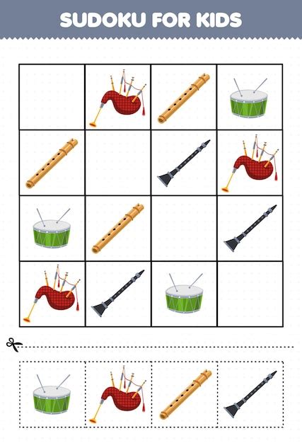 만화 음악 악기 백파이프 플루트 드럼 클라리넷 그림 인쇄용 워크 시트가있는 어린이를위한 어린이 스도쿠를위한 교육 게임 프리미엄 벡터