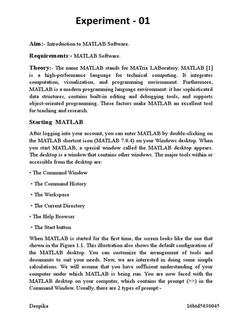 Experiment 01 Aim Requirements Theory Pdf Matlab Computing