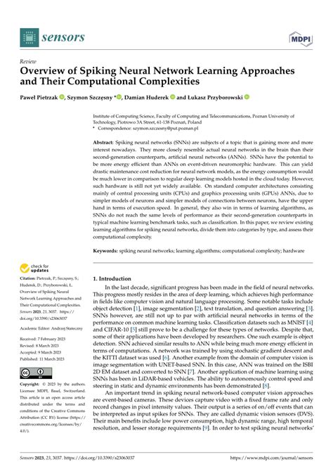 PDF Overview Of Spiking Neural Network Learning Approaches And Their Computational Complexities