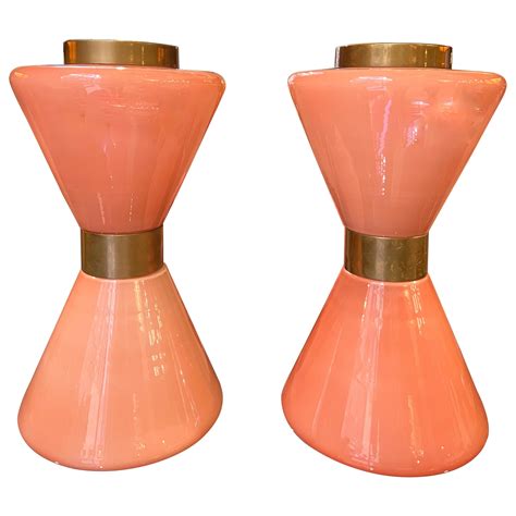 Monumental Pair Blenko Style Smoky Olive Hourglass Glass Table Lamps