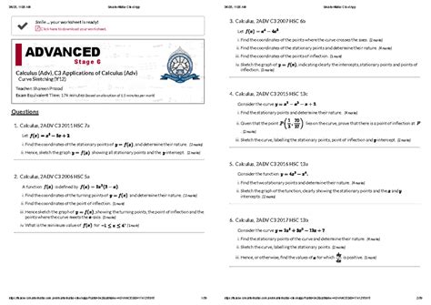 Calculus Curve Sketching Smarter Maths 1 Calculus 2adv C3 2011 Hsc 7a 2 Calculus 2adv C3