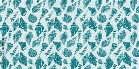 Teal Turquoise Blue White Shell Motif With Linen Seamless Batik Border